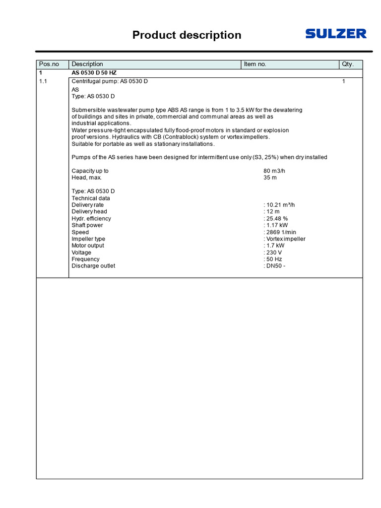 ABS AS 0530 D Submersible Pump Specs | PDF | Pump | Mechanical Engineering
