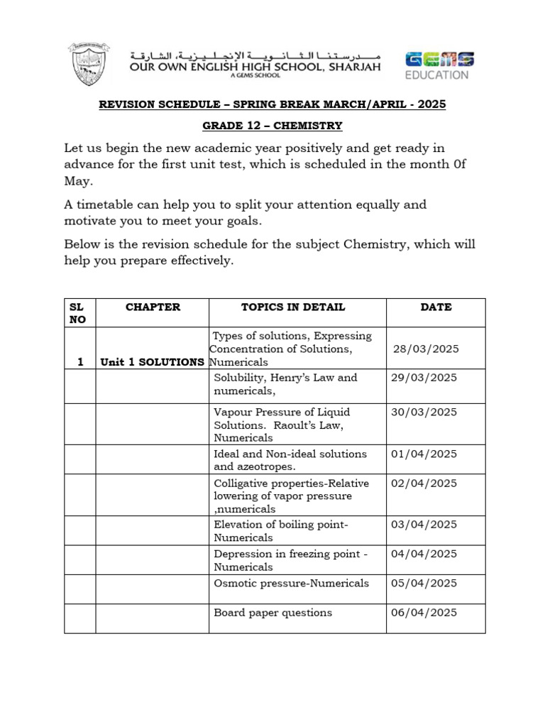 Grade 12 Chemistry - Spring Break Revison Schedule - 2025 | PDF