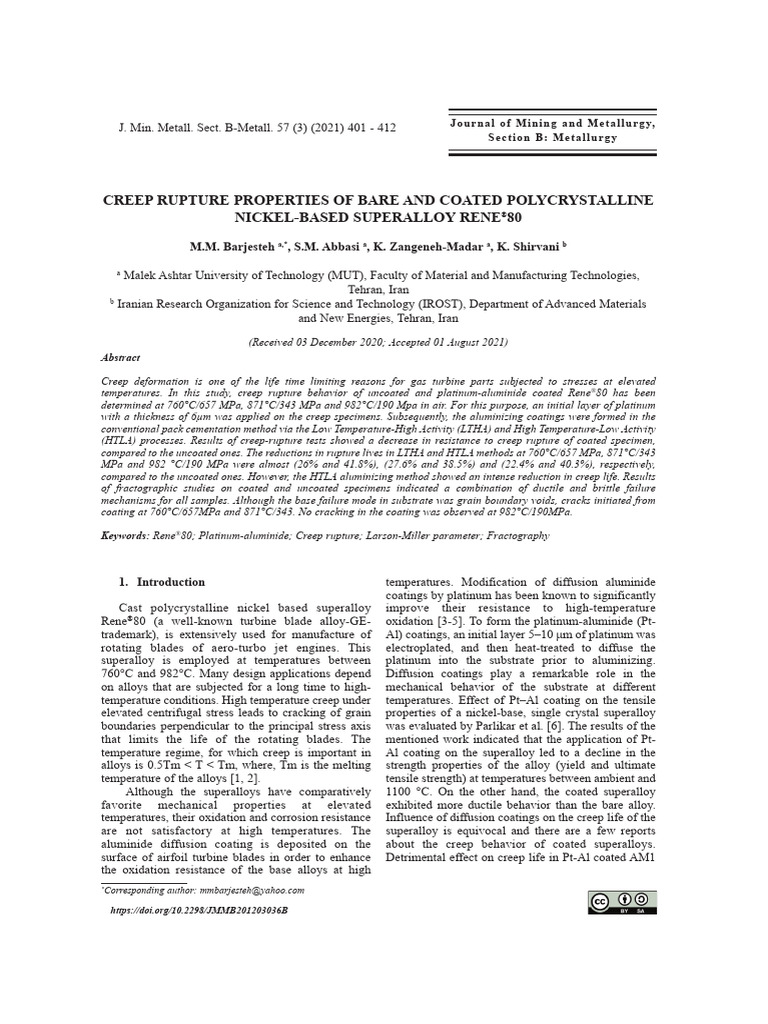 Creep Rupture of Coated Rene®80 Alloys | PDF | Creep (Deformation ...