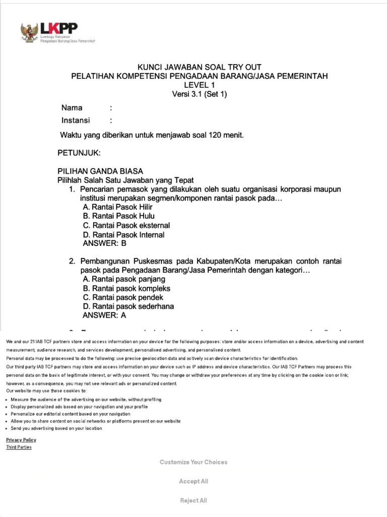 Kunci Jawaban Try Out Pengadaan Barang/Jasa | PDF