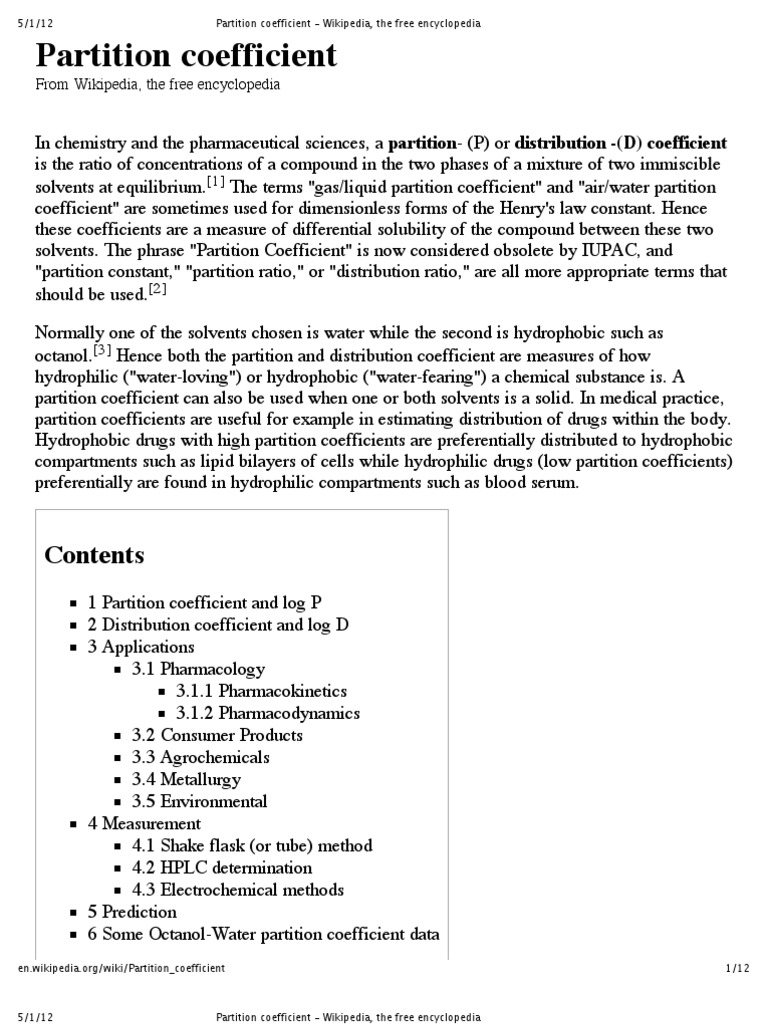 Partition Coefficient: From Wikipedia, The Free Encyclopedia | PDF ...