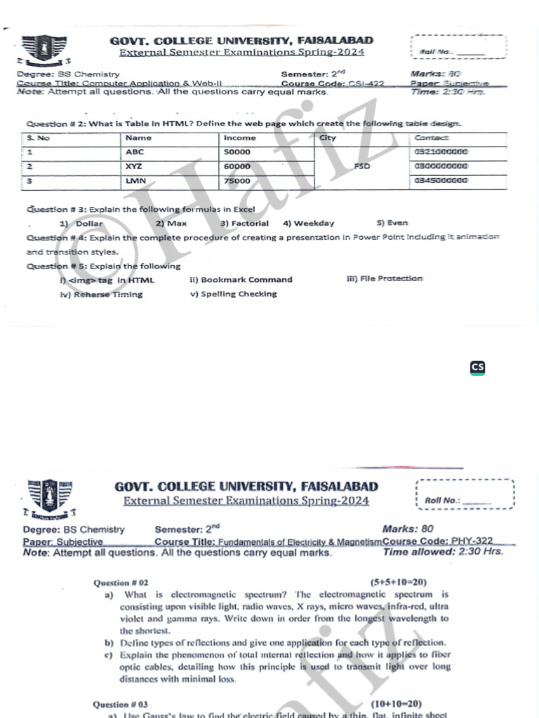 BS Chemistry 2nd Semester Past Papers #Hafiz 03485970528 | PDF