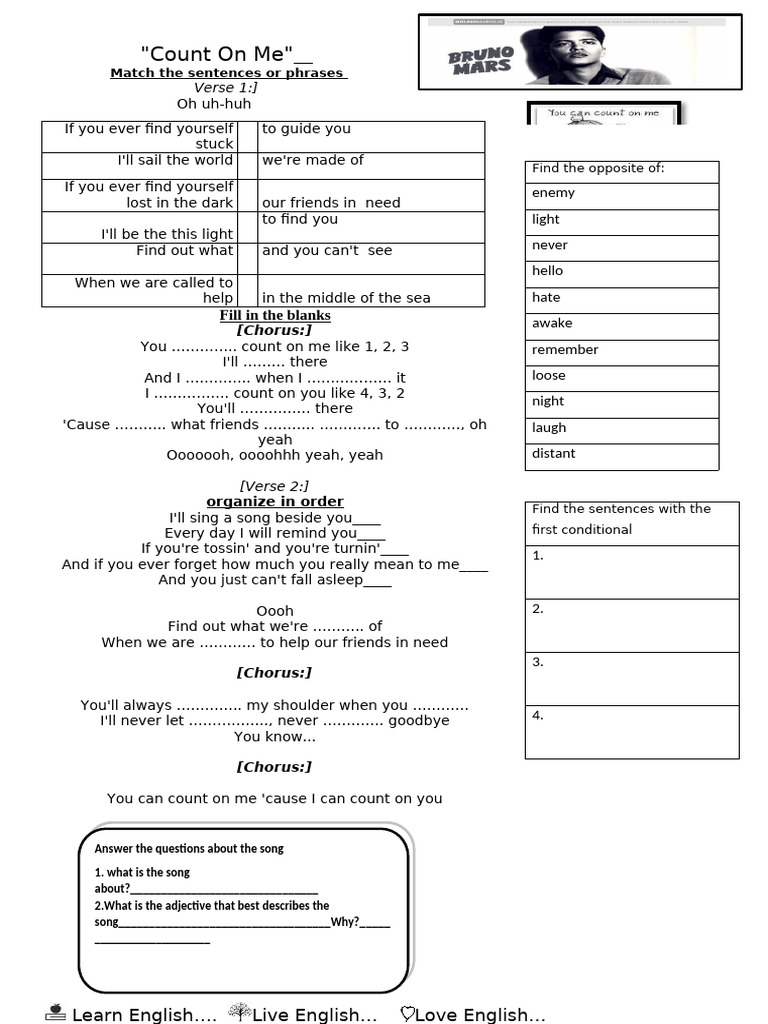 Count On Me Song Worksheet 2 | PDF | Linguistics | Syntax
