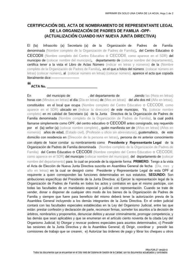 PRA-FOR-27 Cert Act Nom Re | PDF | Cheque | Gobierno