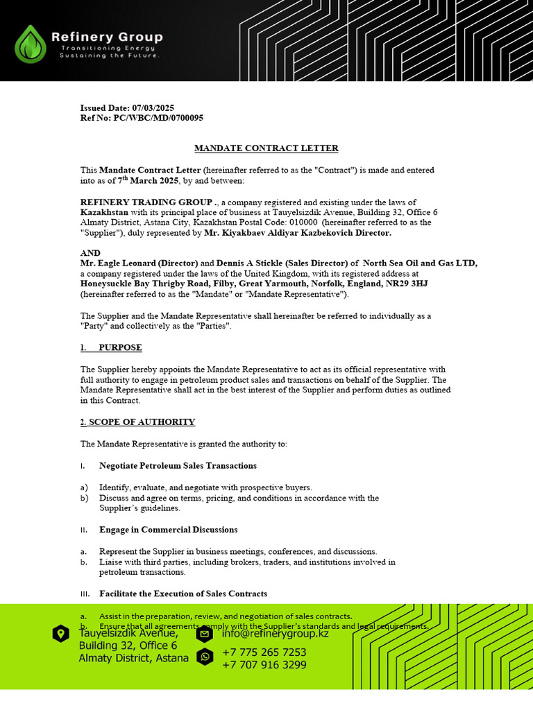 North Sea Oil and Gas LTD Mandate Letter | PDF | Breach Of Contract | Civil Law (Legal System)