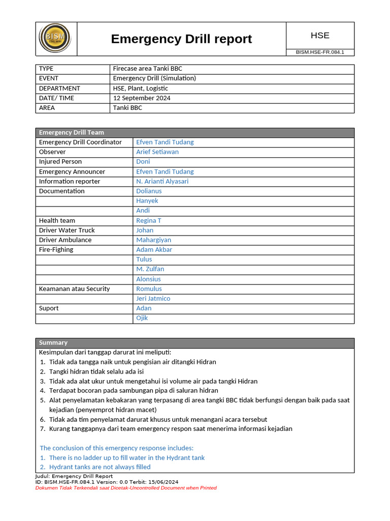 Emergency Drill Report - Fire Care Tangki BBC | PDF | Emergency ...