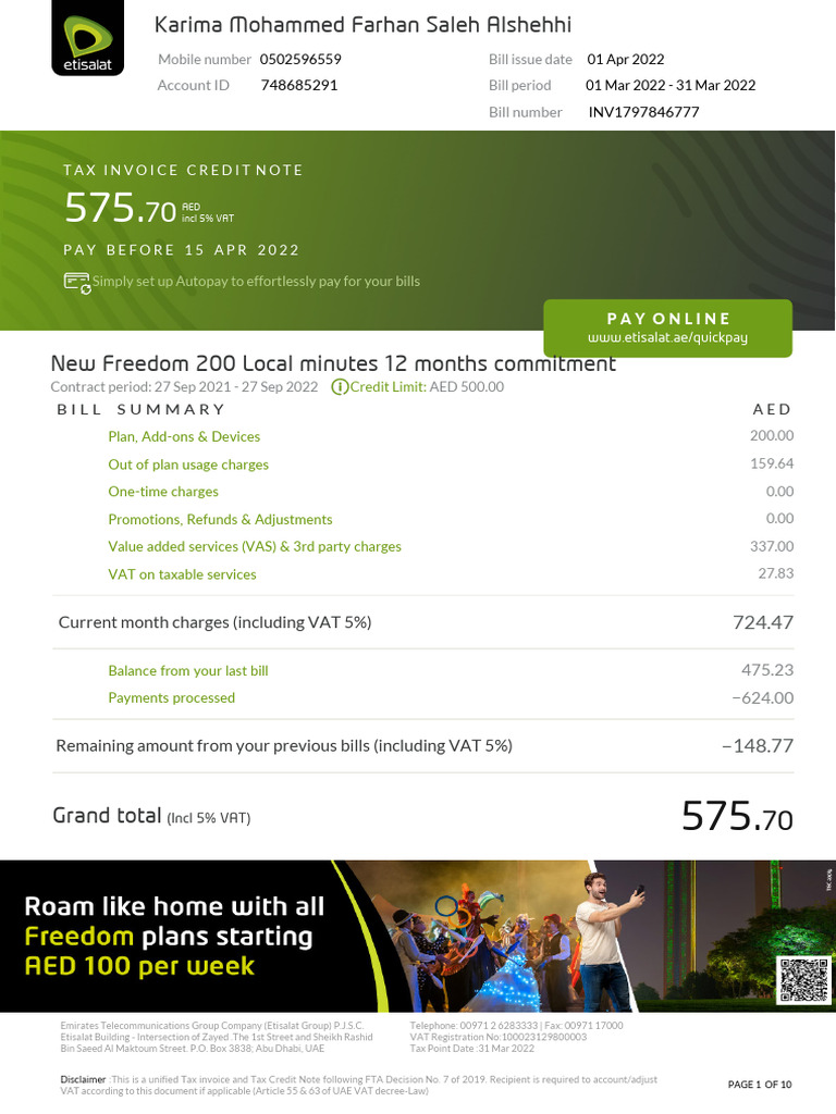 Etisalat Mobile Bill Summary April 2022 | PDF | Value Added Tax ...