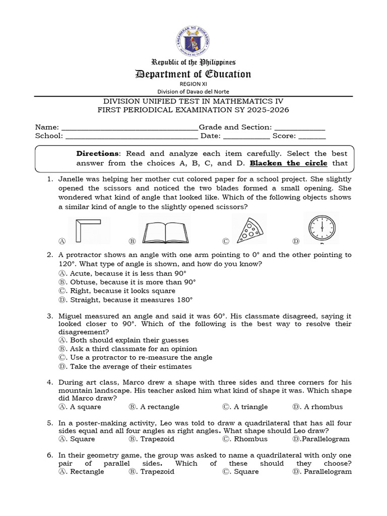 Mathematics IV Periodical Exam Guide | PDF | Rectangle | Subtraction