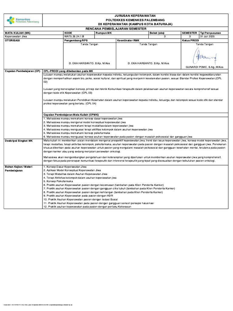Laporan RPS Mata Kuliah Kep Jiwa 20251-1 | PDF