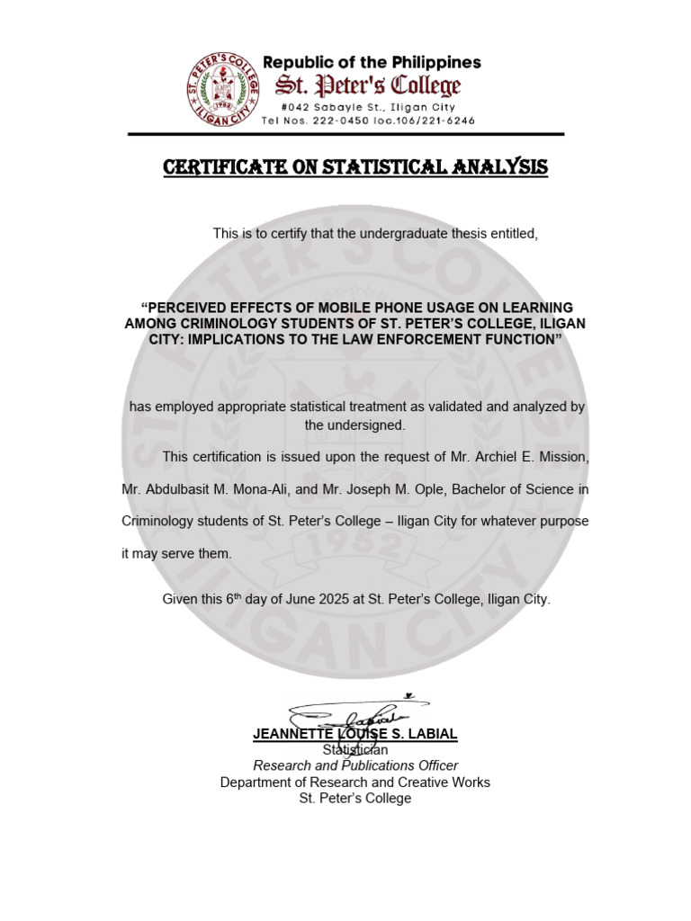 Ople-Certification of Statistical Analysis | PDF