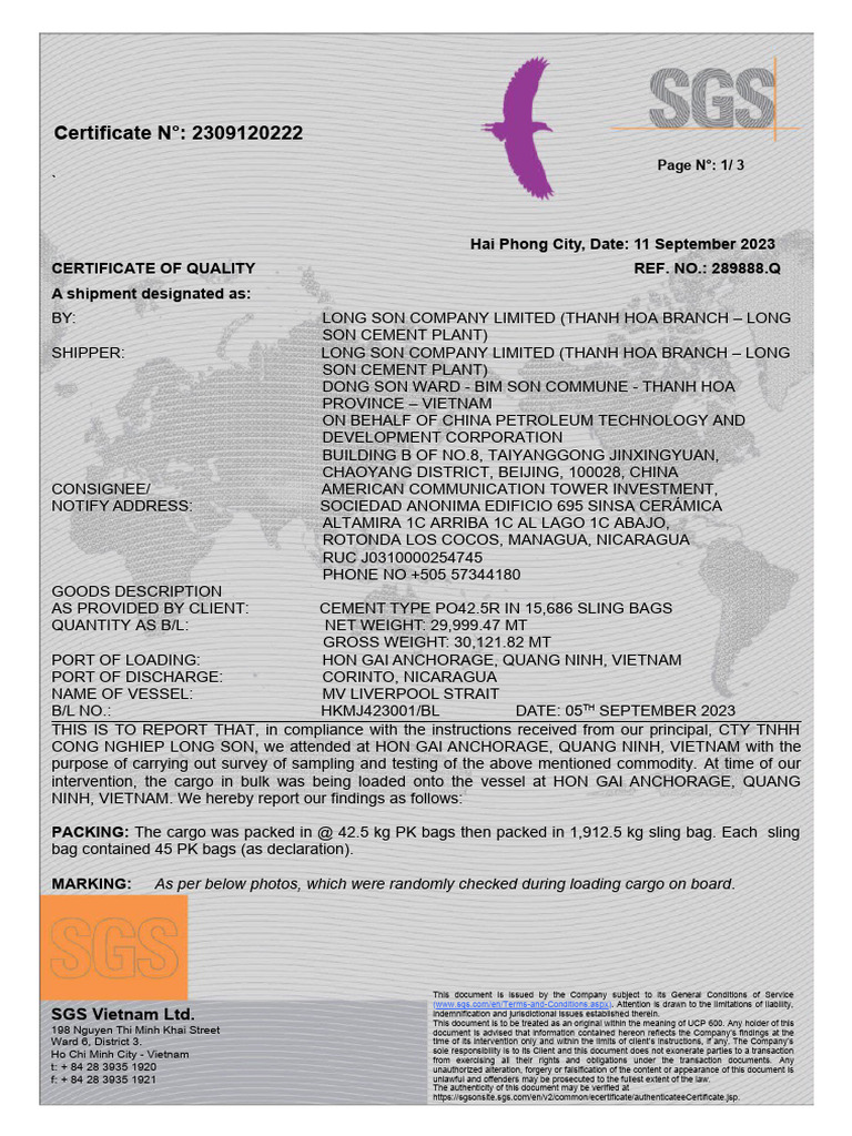 Certificate of Quality Cemento Continental | PDF