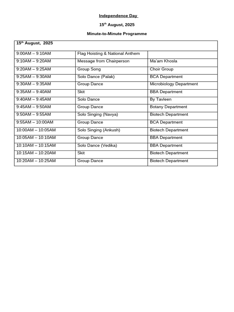Independence Day Schedule | PDF