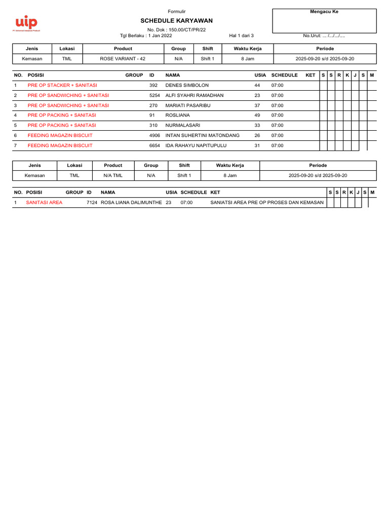 Jadwal Kerja Karyawan Shift 1 2025 | PDF