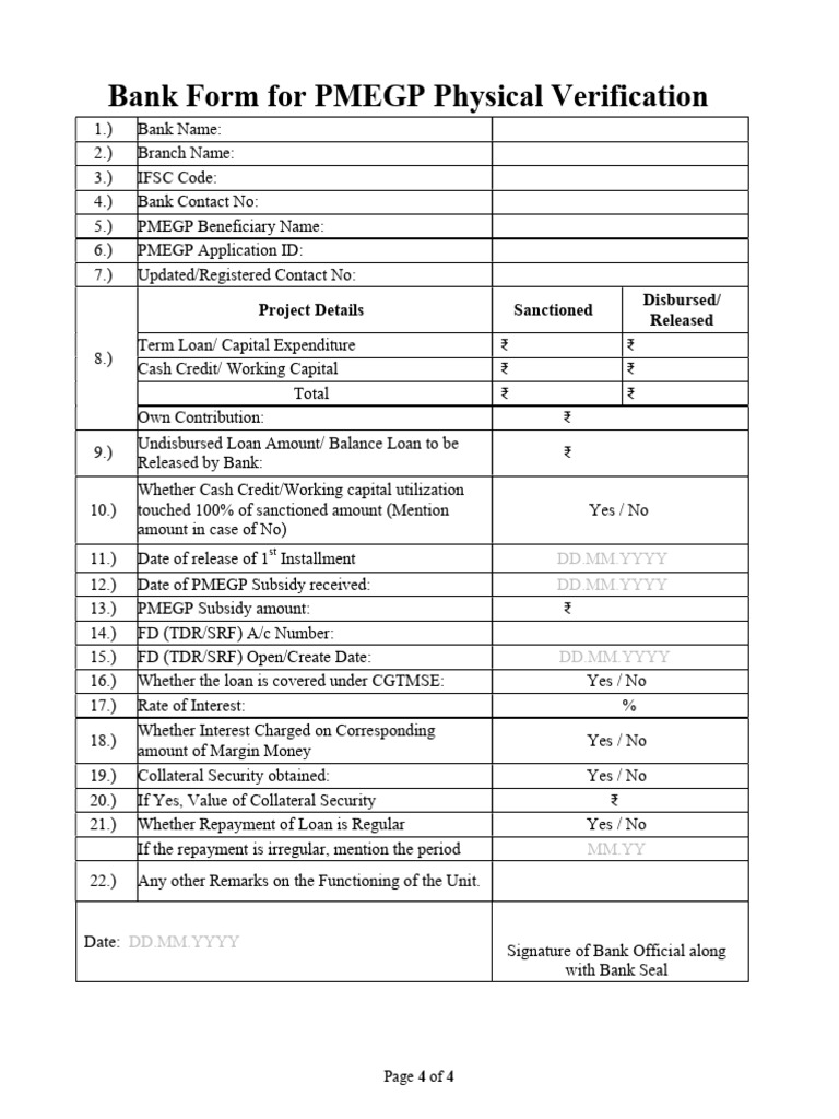 PMEGP Physical Verification Bank Form | PDF