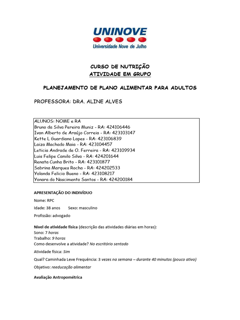 Atividade Av1 - Caso Adulto | PDF | Caldo | Alimentos