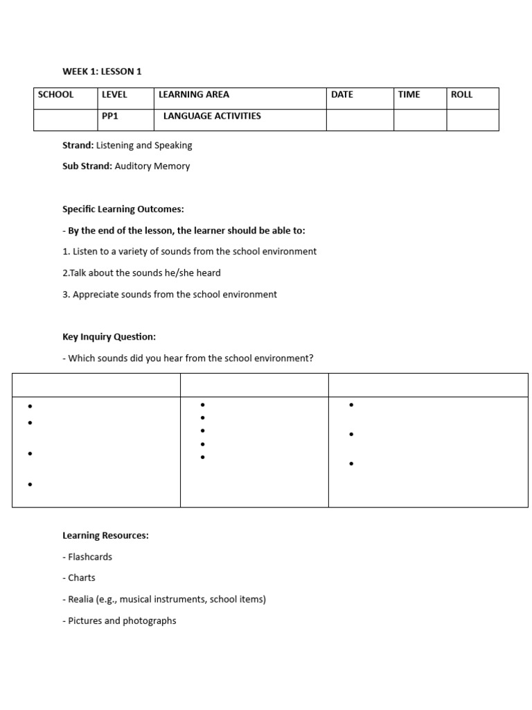 Auditory Memory Lesson Plans for PP1 | PDF | Learning | Sound