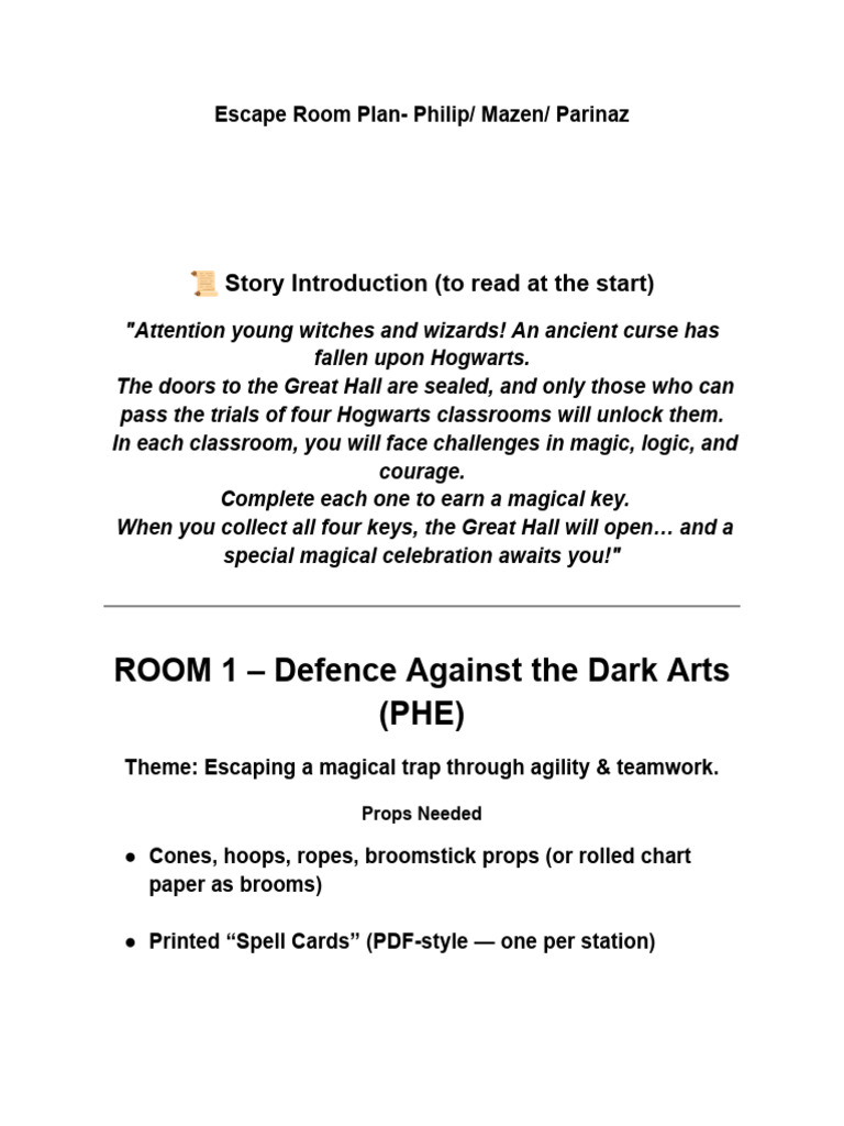 Escape Room Plan - Philip - Mazen - Parinaz | PDF | Harry Potter