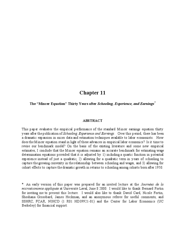 The "Mincer Equation" Thirty Years After Schooling, Experience, and ...