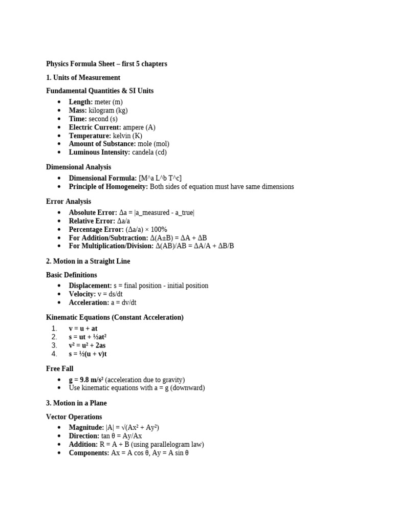 First 5 Chapters Formulas | PDF | Force | Acceleration
