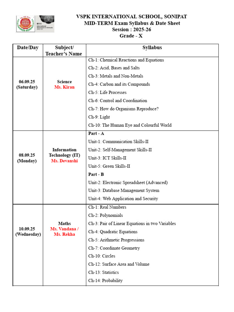 Class-10 (MID-TERM) Syllabus & Datesheet | PDF | Equations | Mathematics