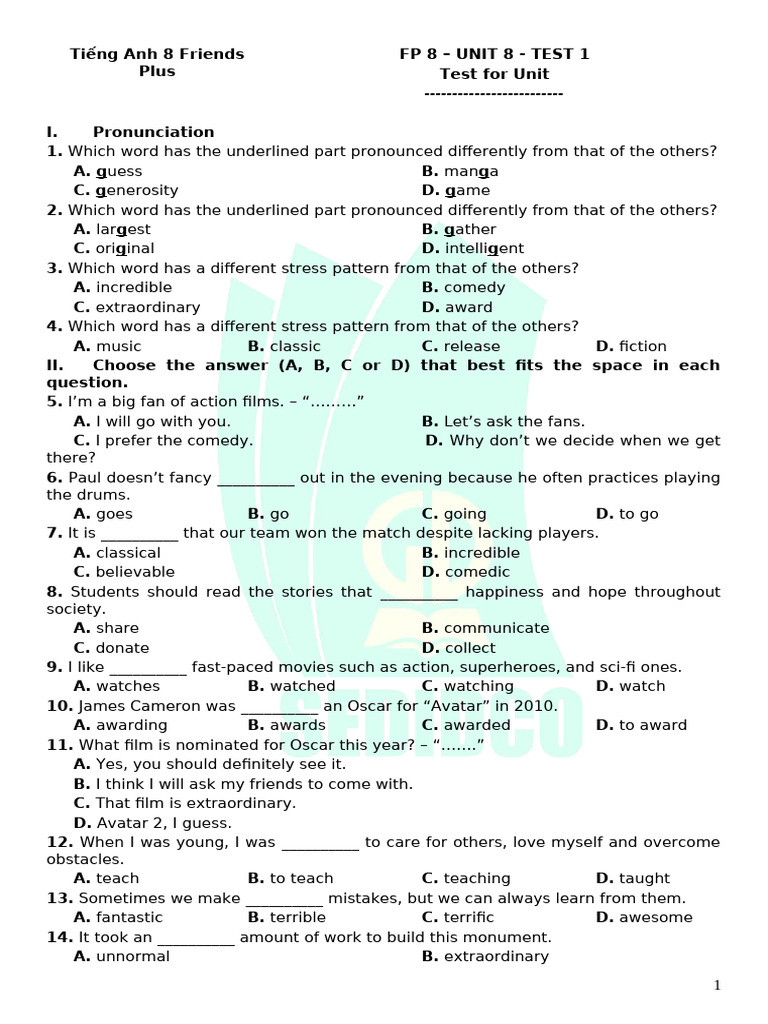 Tiếng Anh 8 Unit 8 Test 1 | PDF