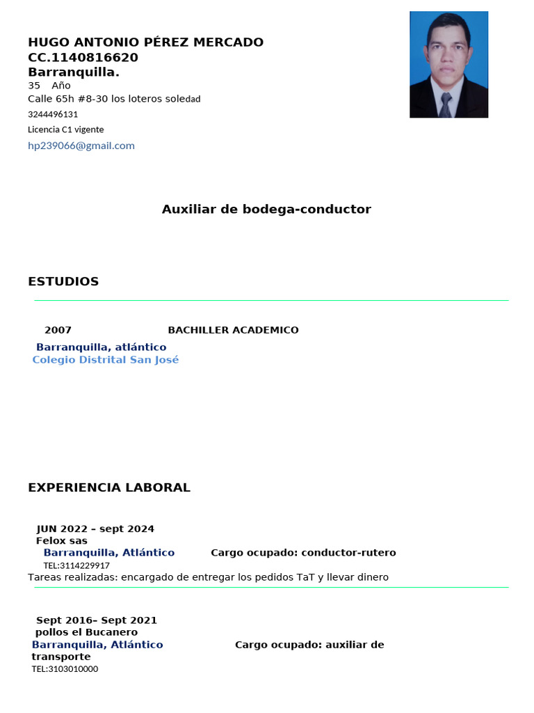 CV Hugo Pérez: Auxiliar y Conductor | PDF