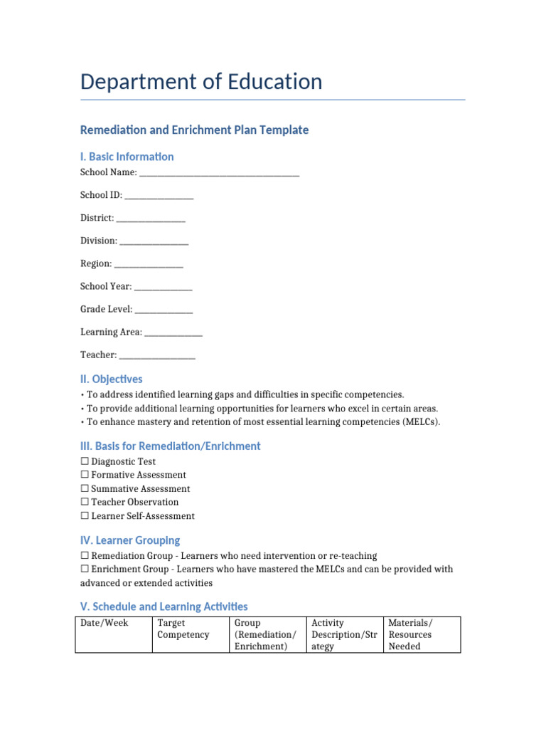 Remediation and Enrichment Plan Template | PDF