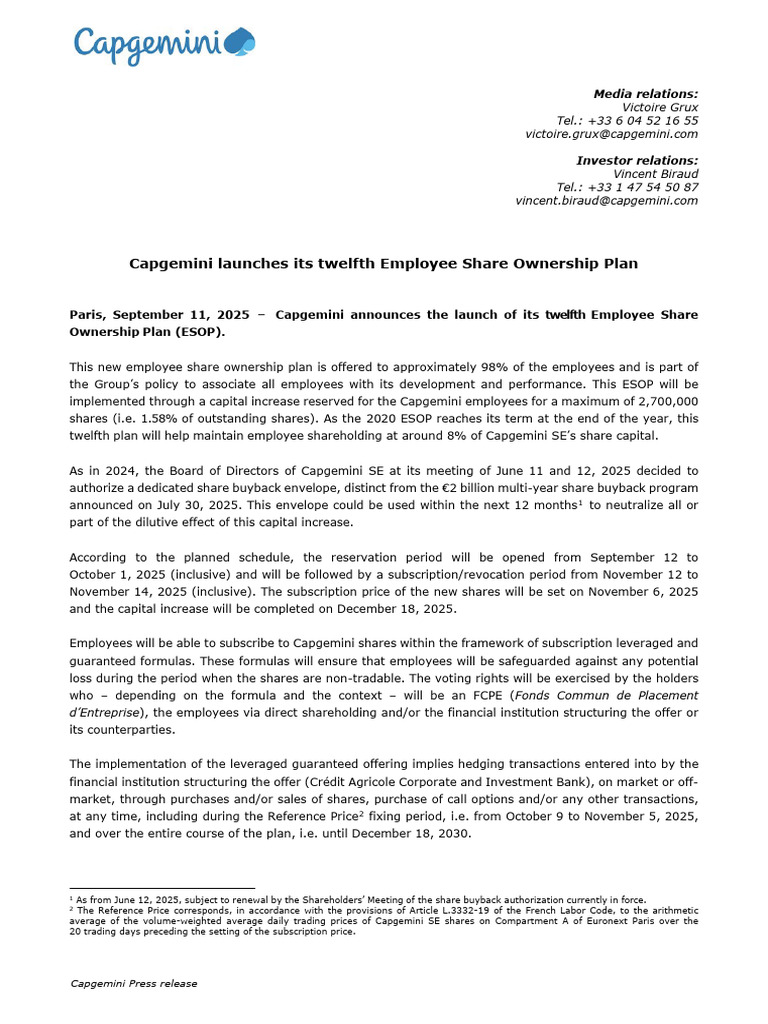Capgemini - 2025-09-11 - Capgemini Launches Its Twelfth Employee ...