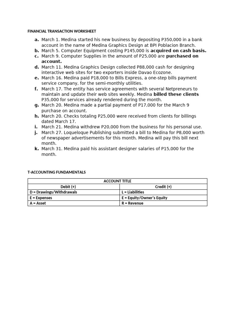 Financial Transaction Worksheet | PDF