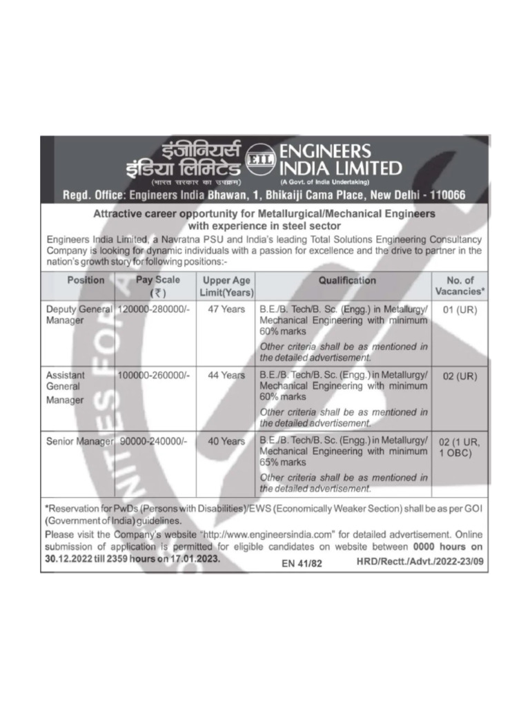 EIL Advertisement Indgovtjobs | PDF