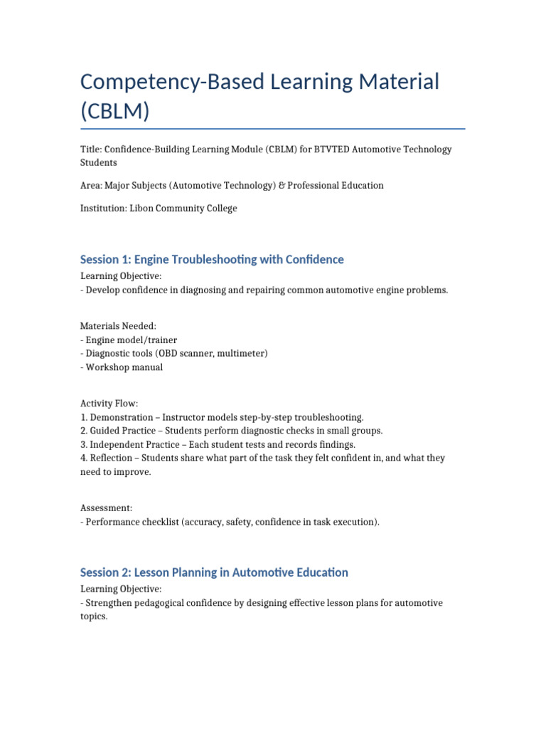 CBLM Confidence Building Automotive | PDF | Lesson Plan | Pedagogy