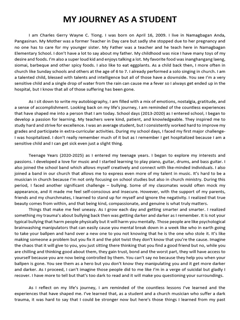 My Journey As A Student | PDF | Bullying | Psychology