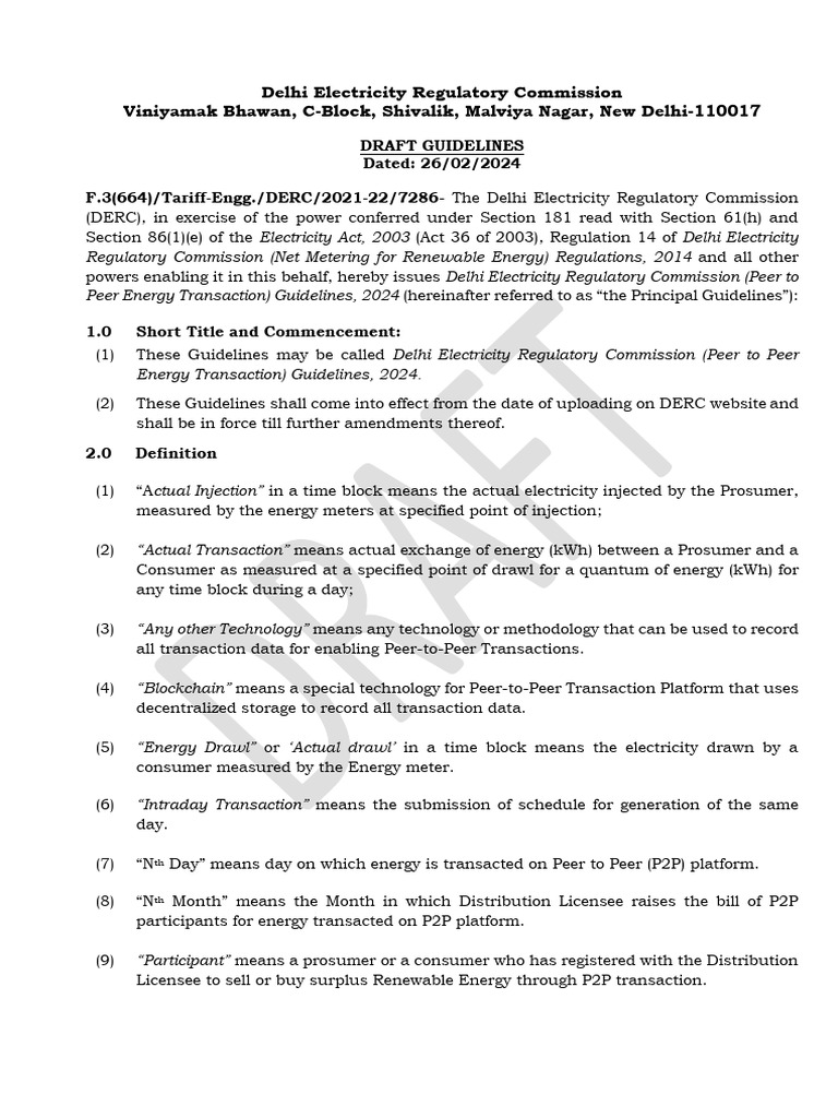 DERC Peer To Peer Energy Transaction Guidelines 2024 | PDF | Electricity | Electric Power