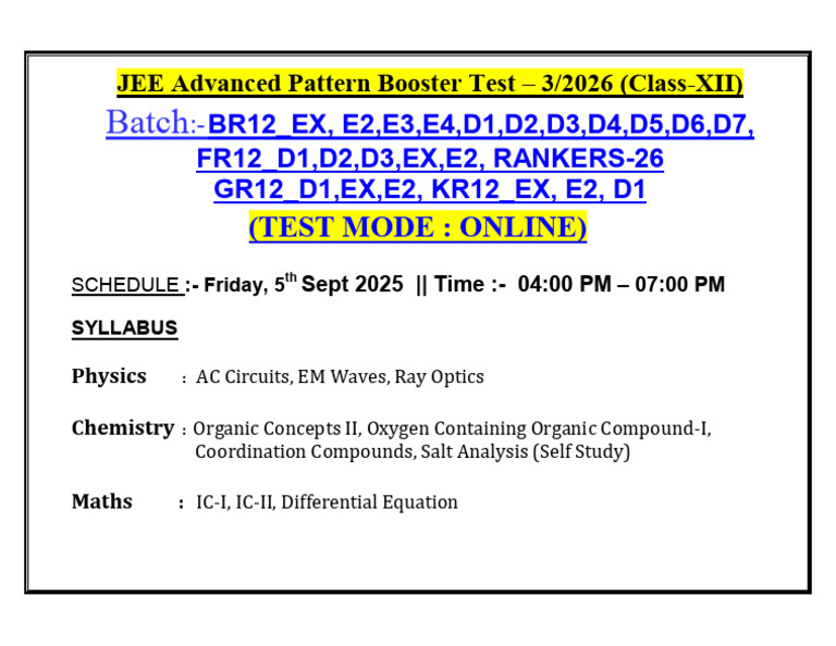 JEE Advanced Booster Test Schedule 2025 | PDF