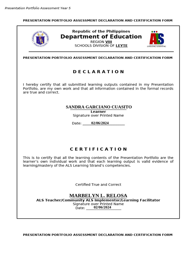 PPA 5 Declaration and Certifcation Form | PDF | Learning ...