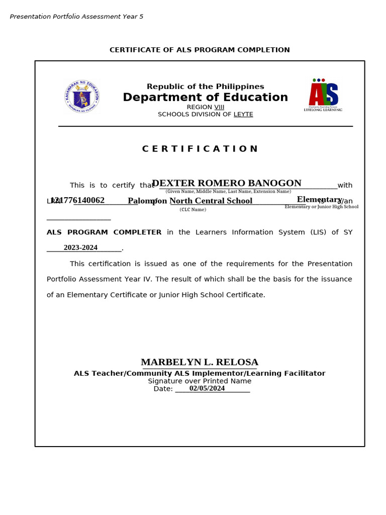 ALS Program Completion Certificate | PDF | Middle Schools | Educational ...