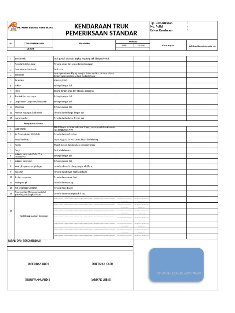 Checklist Pemeriksaan Kendaraan Pbat | PDF