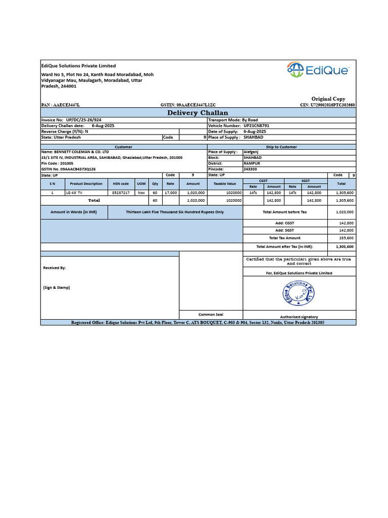 EdiQue Solutions Delivery Challan Invoice | PDF | Economy Of India ...