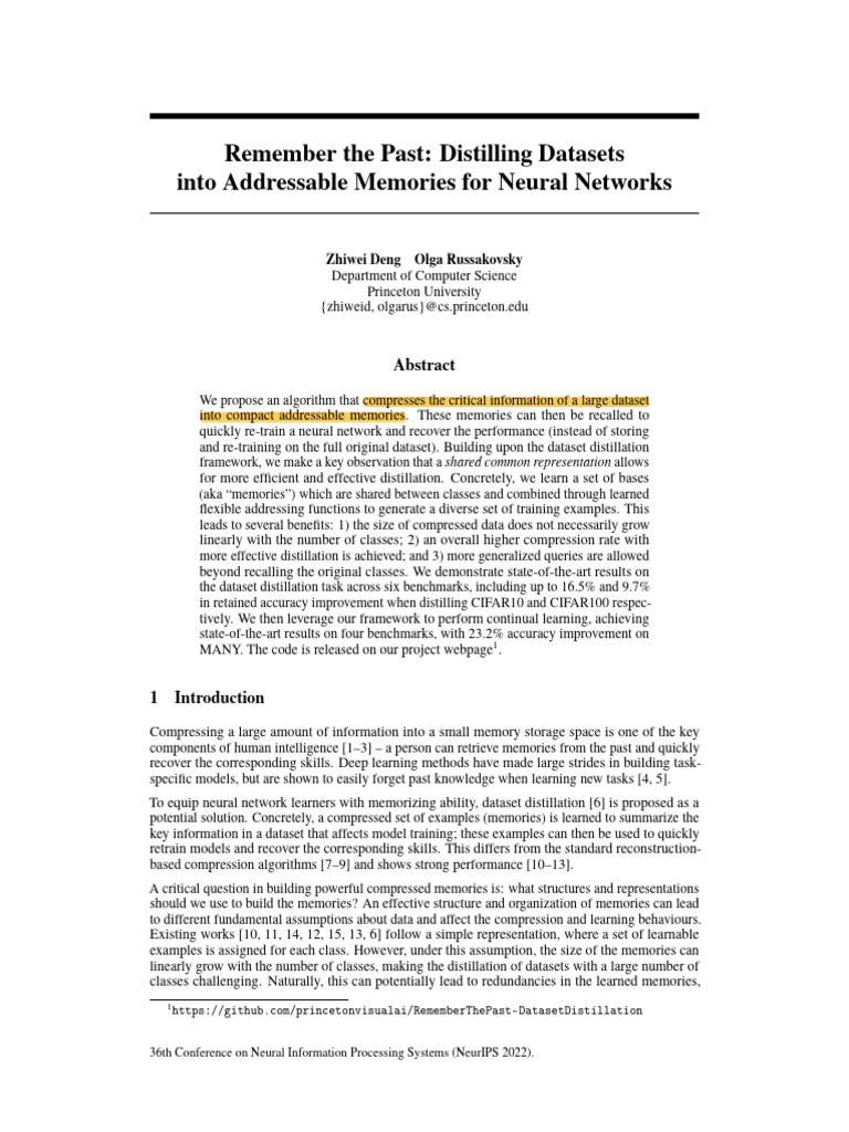 Remember the Past: Distilling Datasets Into Addressable Memories for Neural Networks (Princeton ...