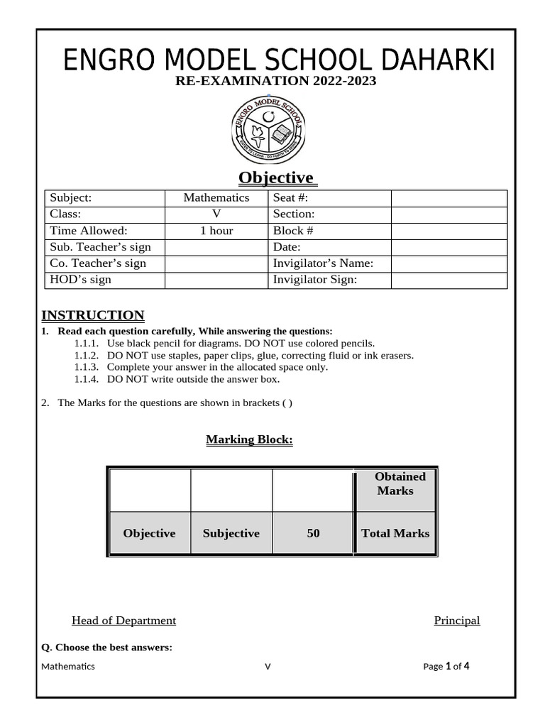 Annual Re - Exam (V) Paper-I 2022-23 Original New | PDF | Mathematics