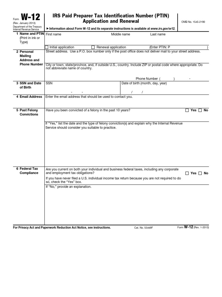 W-12 PTIN Application and Renewal Form | PDF | Certified Public ...