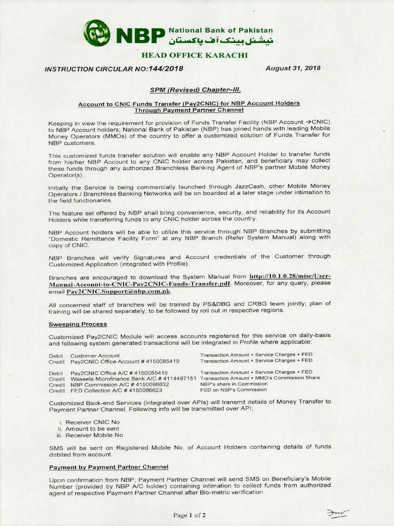 Account To CNIC Transfer INS-CIR-144-2018 | PDF | Debit Card | Service ...