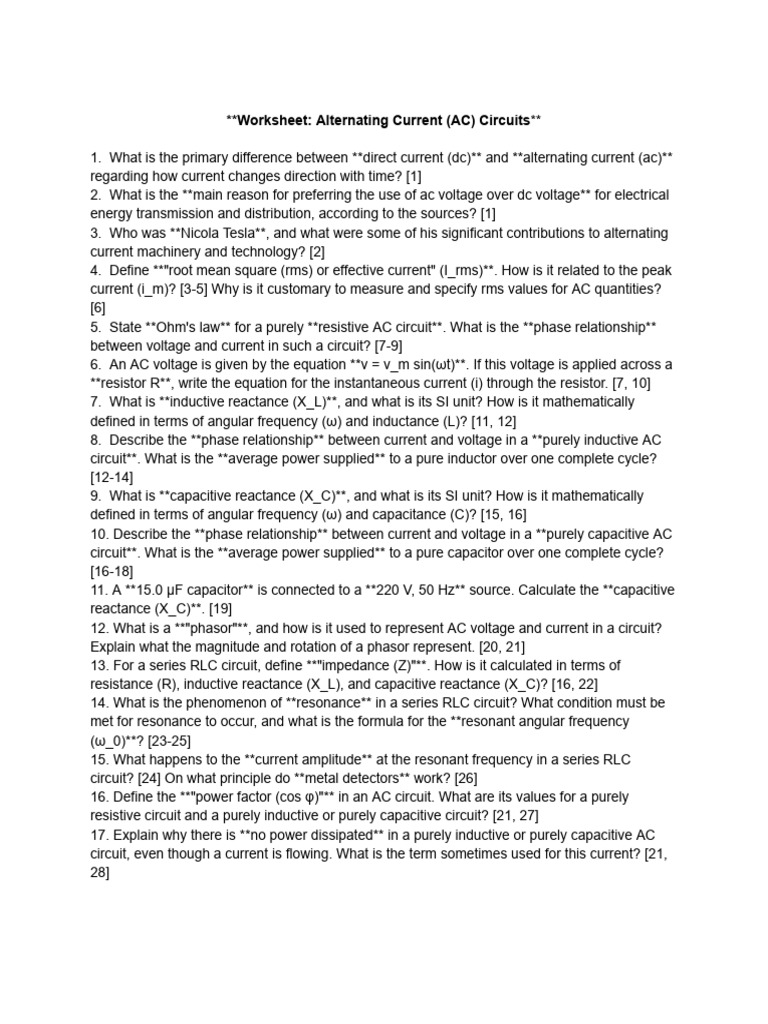 Worksheet Alternating Current | PDF | Inductor | Capacitor