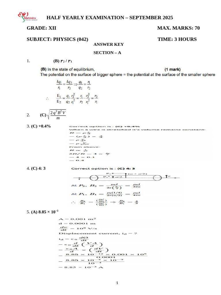 Xii - Physics Half Yearly Answer Key | PDF | Magnetic Field | Inductor