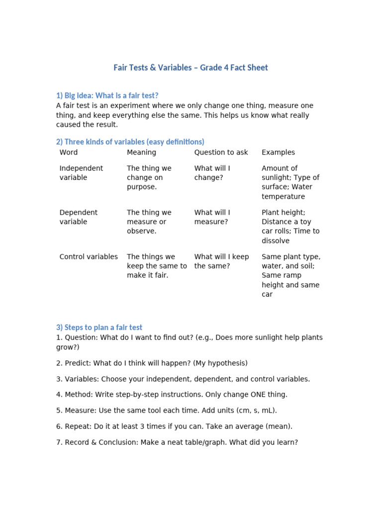 Fair Tests Variables Fact Sheet Grade4 v2 | PDF | Water | Experiment