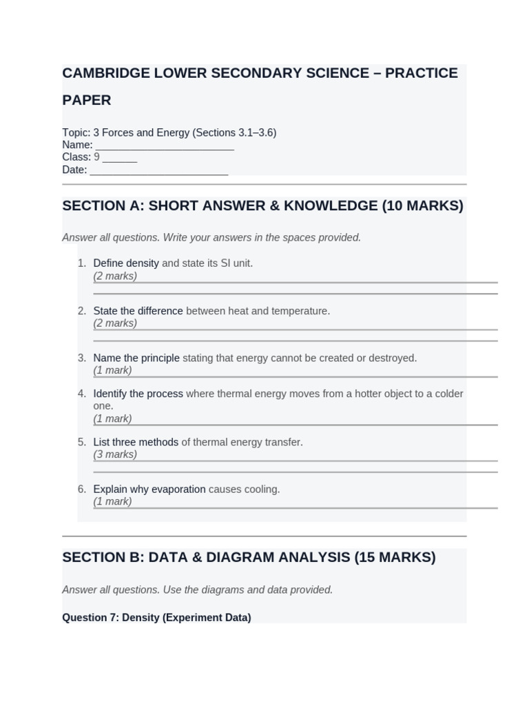 Cambridge Lower Secondary Science - Practice Paper 2 | PDF | Heat ...