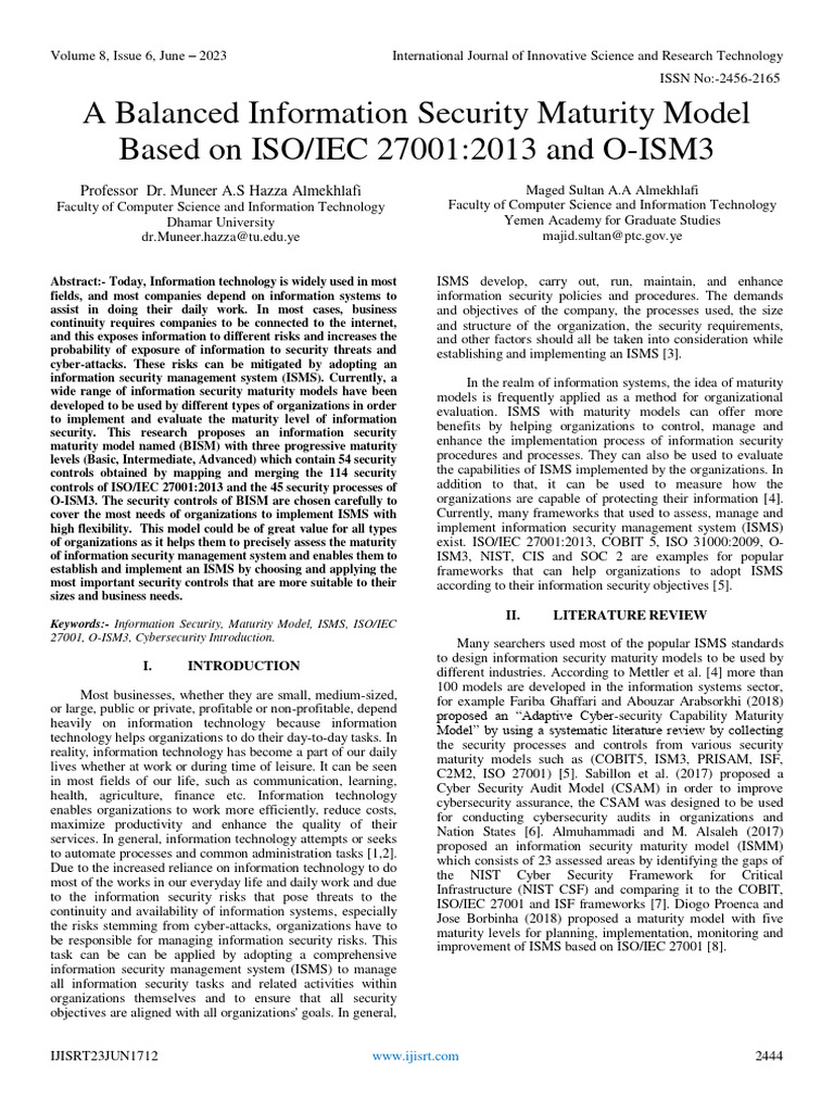 A Balanced Information Security Maturity Model Based On ISOIEC 27001 2013 and O-IsM3 | PDF ...