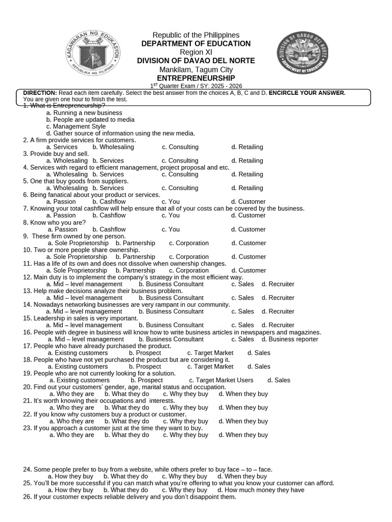 Entrepreneurship 1st Quarter Exam 2025 | PDF | Customer | Business Process