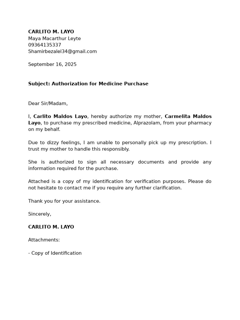 Authorization for Medicine Purchase Letter | PDF