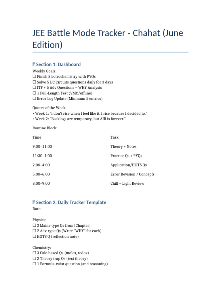 JEE Battle Tracker Chahat | PDF